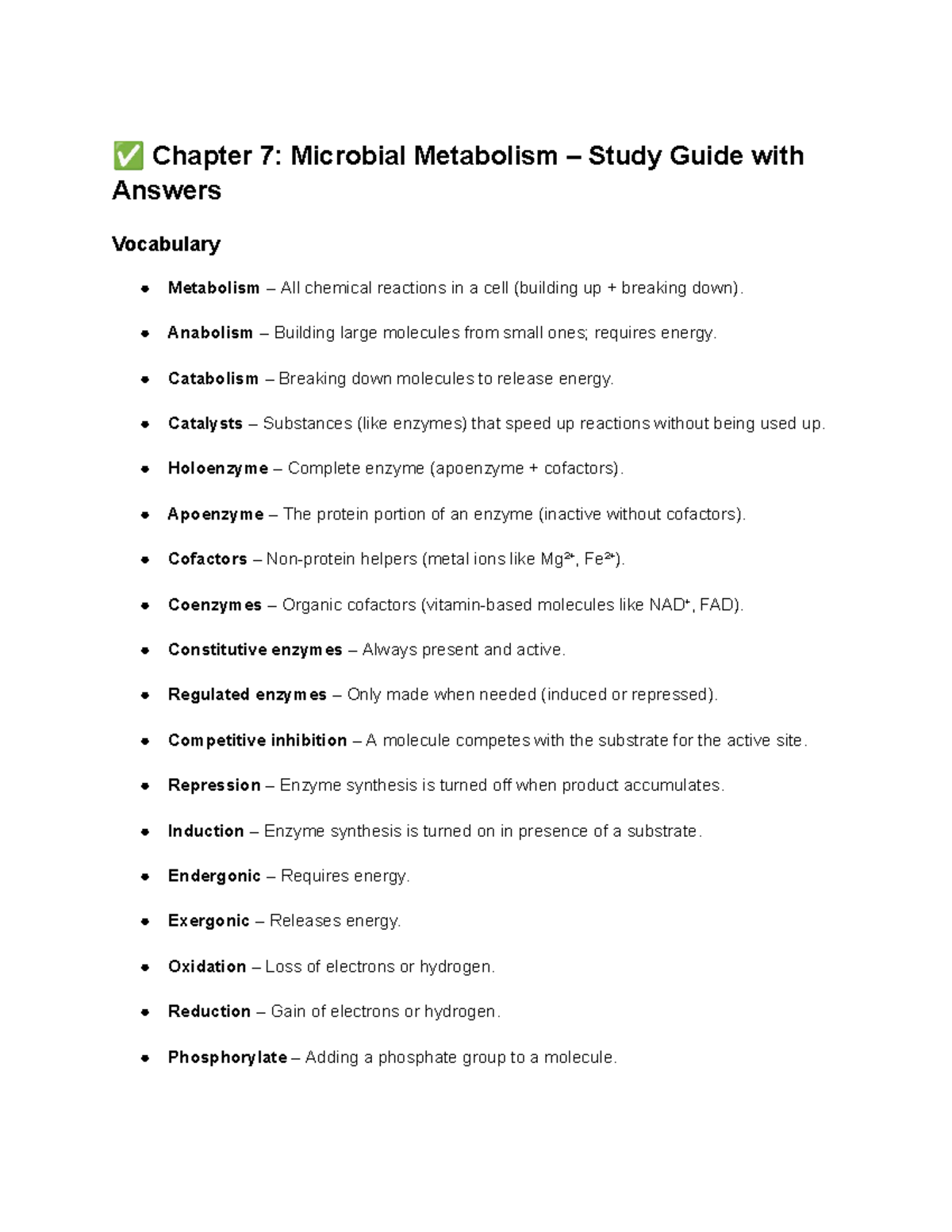 Microbial Metabolism Study Guide (Chapter 7) with Answers - Studocu