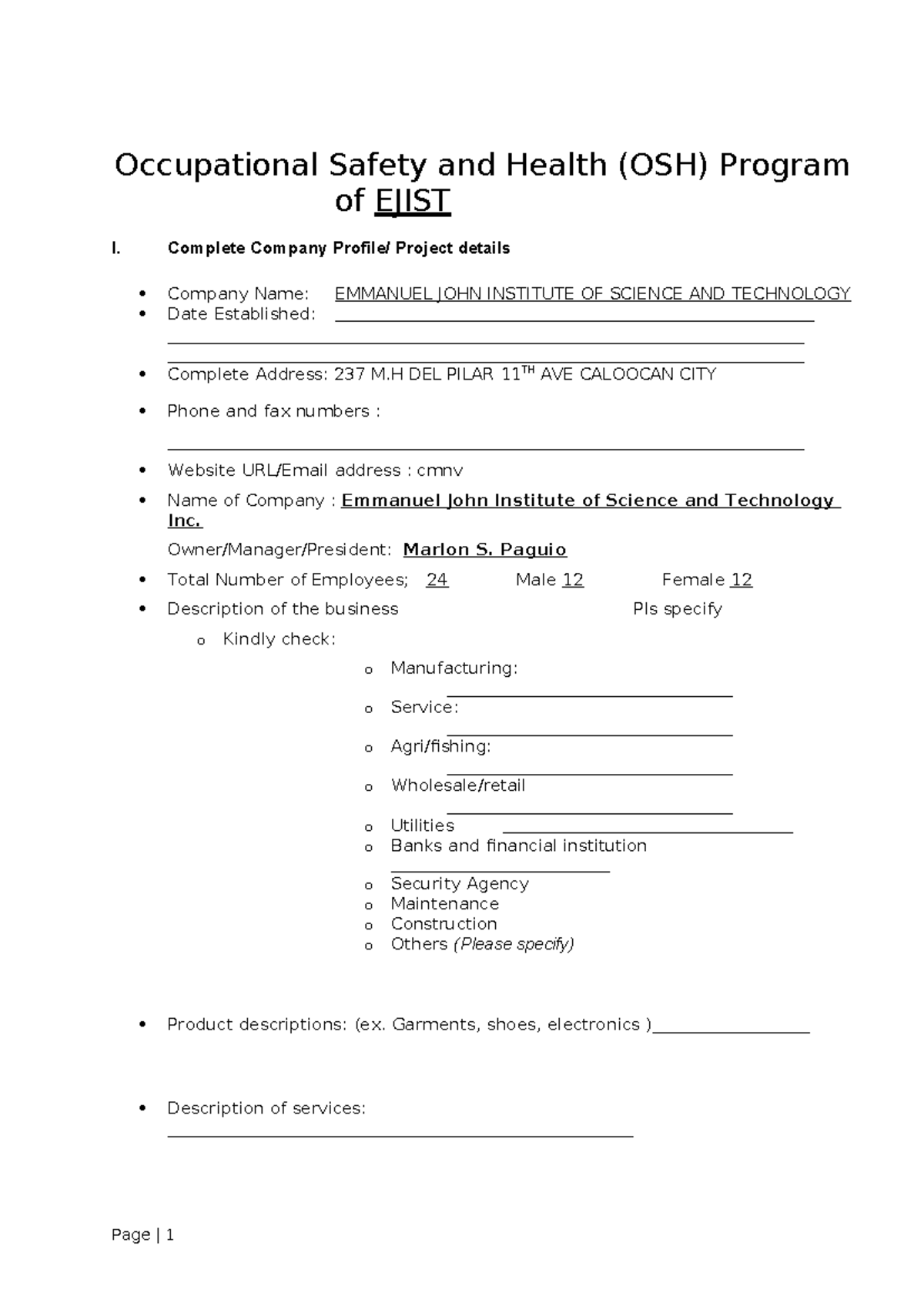 OSH Program Implementation for Emmanuel John Institute (OSH-001) - Studocu
