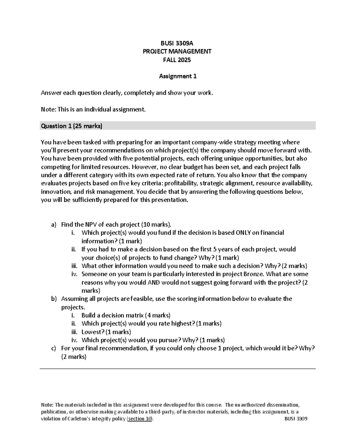 BUSI 3309A F2025 Project Management Assignment 1 Analysis and ...