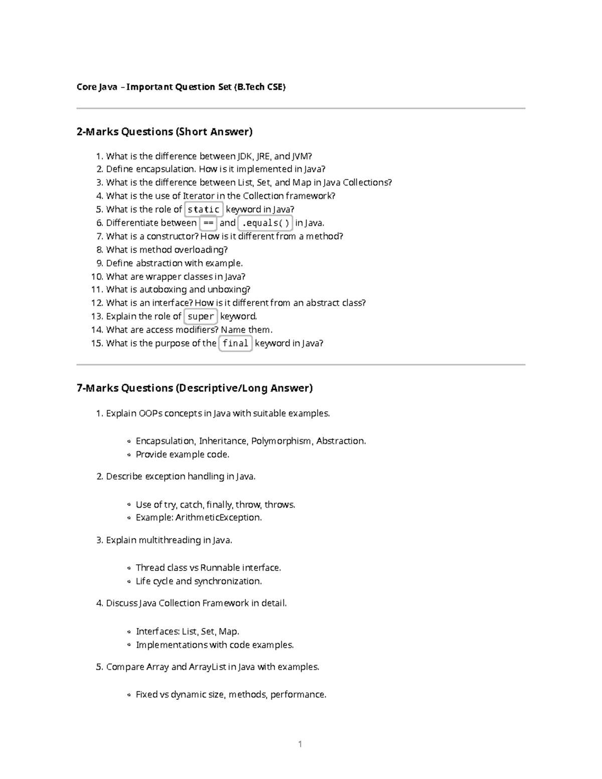 Core Java Important Questions Set (B.Tech CSE) - Studocu