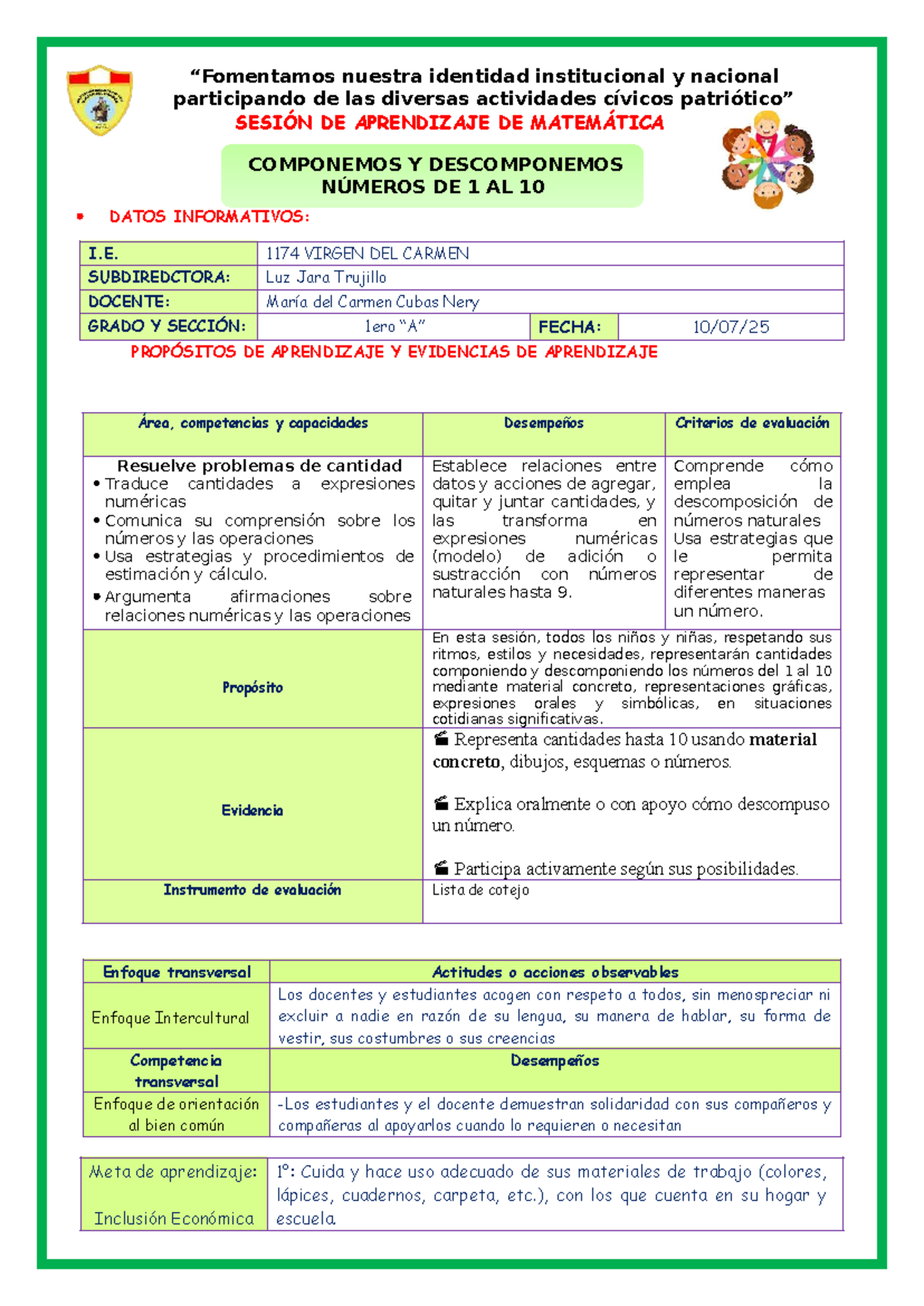 Sesión de Aprendizaje: Composición y Descomposición de Números 1-10 ...