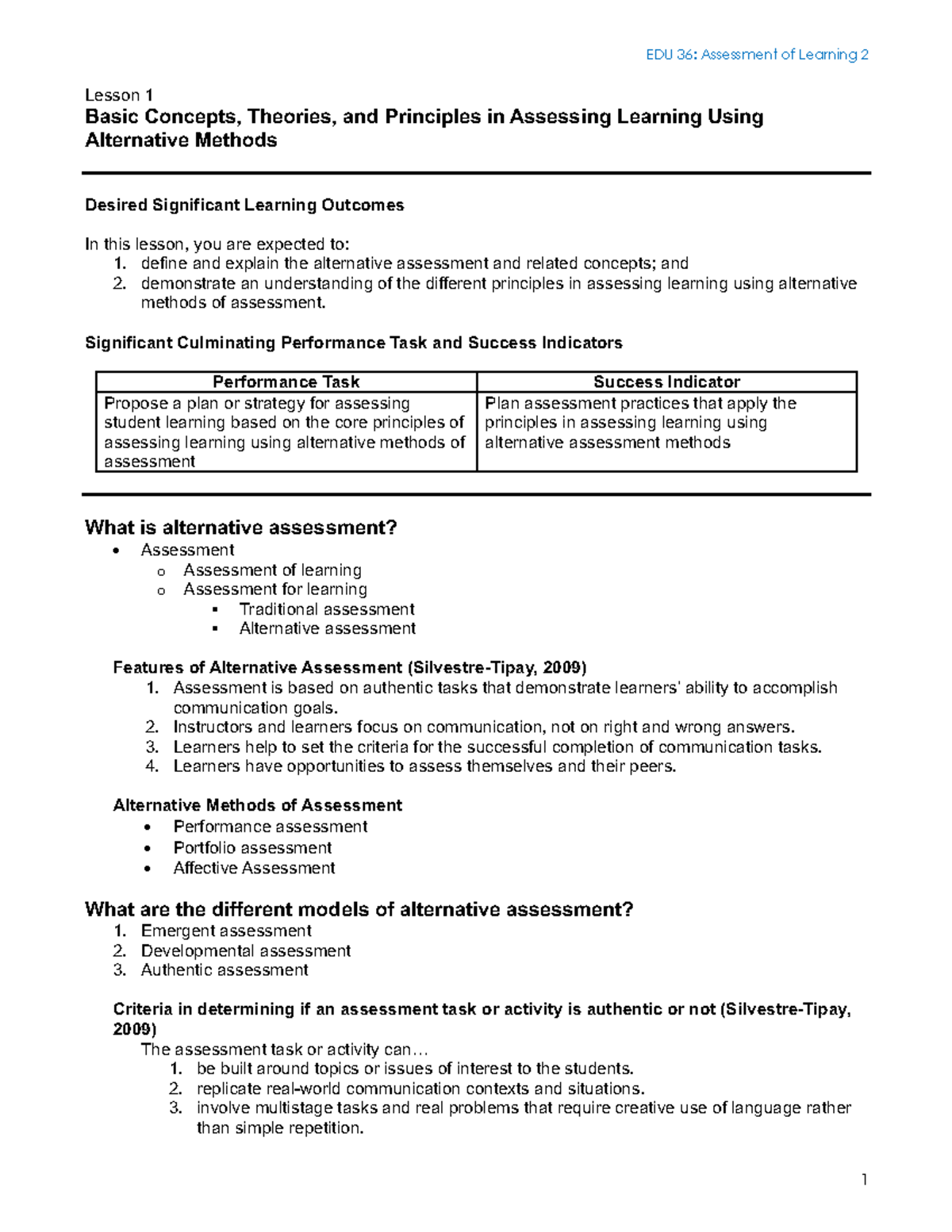 Lesson-1 - Practice teacher - EDU 36: Assessment of Learning 2 1 Lesson ...