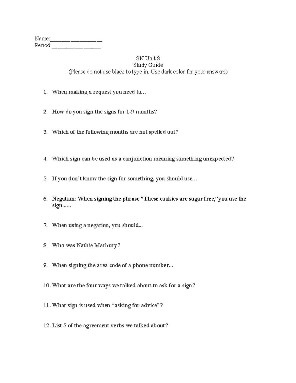 SN Unit 8 Study Guide: Key Concepts and Sign Language Tips - Studocu