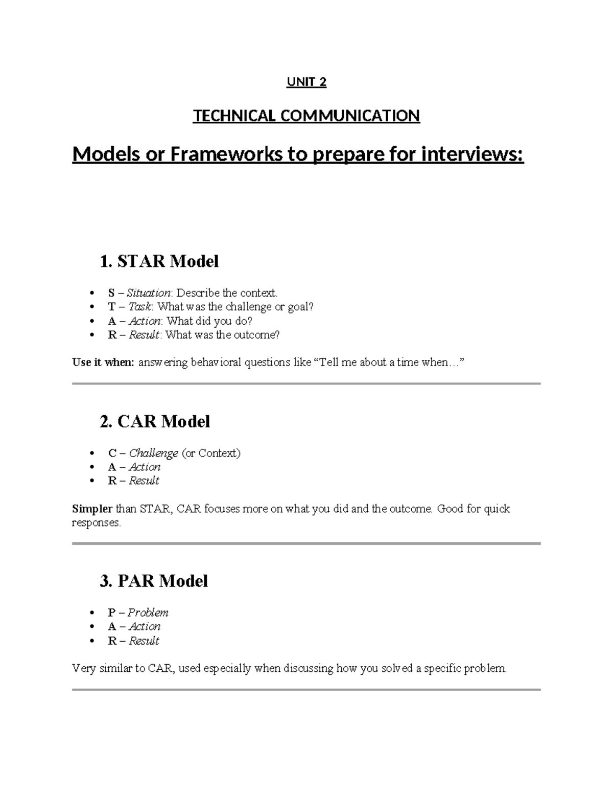 UNIT 2 - Interview Preparation Models for B.Tech Students - Studocu