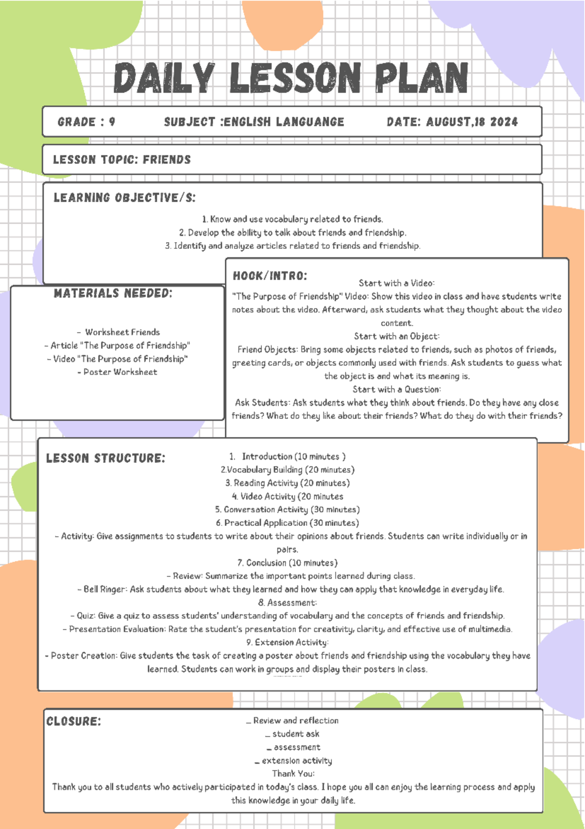 Lesson Plan for English Language Grade 9: Friends Learning Activities ...