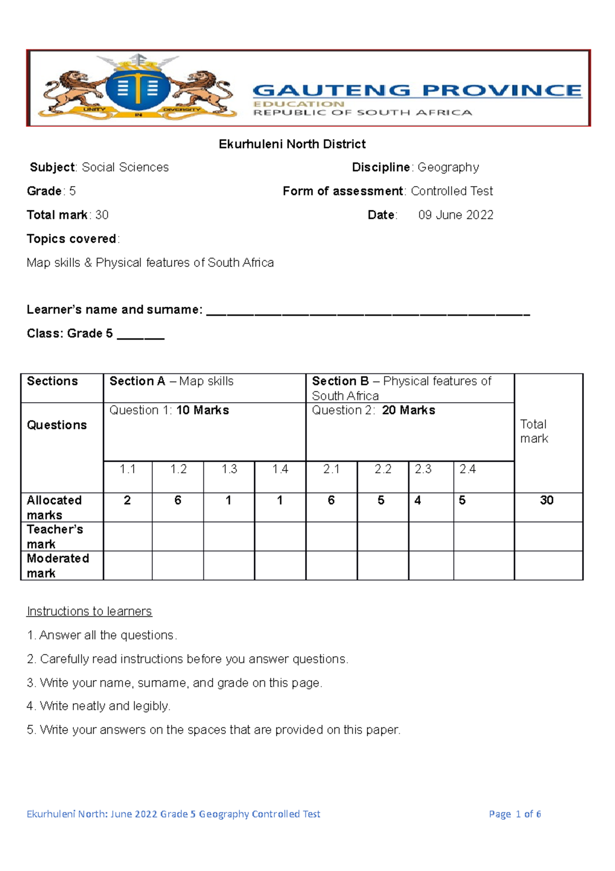 Grade 5 Geography Controlled Test - Ekurhuleni North District - Studocu