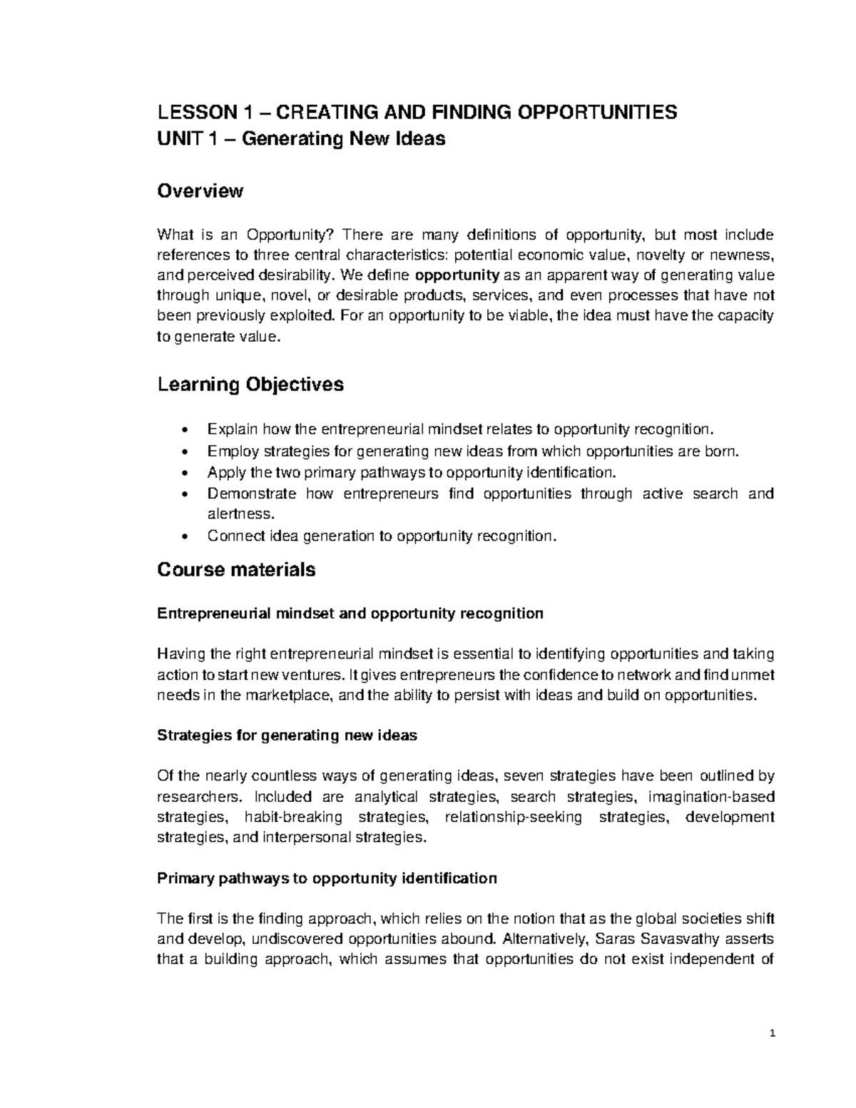 BS Entrep 2 1 Lesson 1: Opportunity Seeking & Idea Generation ...