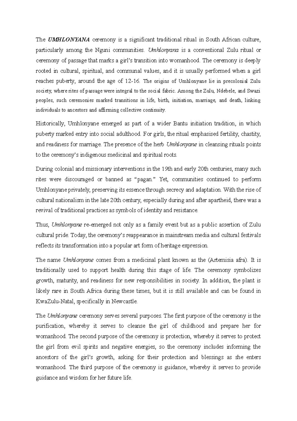 AFRL - The Significance of the Umhlonyane Ceremony in Zulu Culture ...