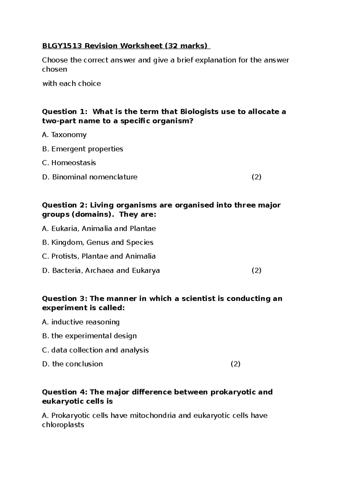BLGY1513 Final Exam Revision Worksheet with Key Concepts and Questions ...