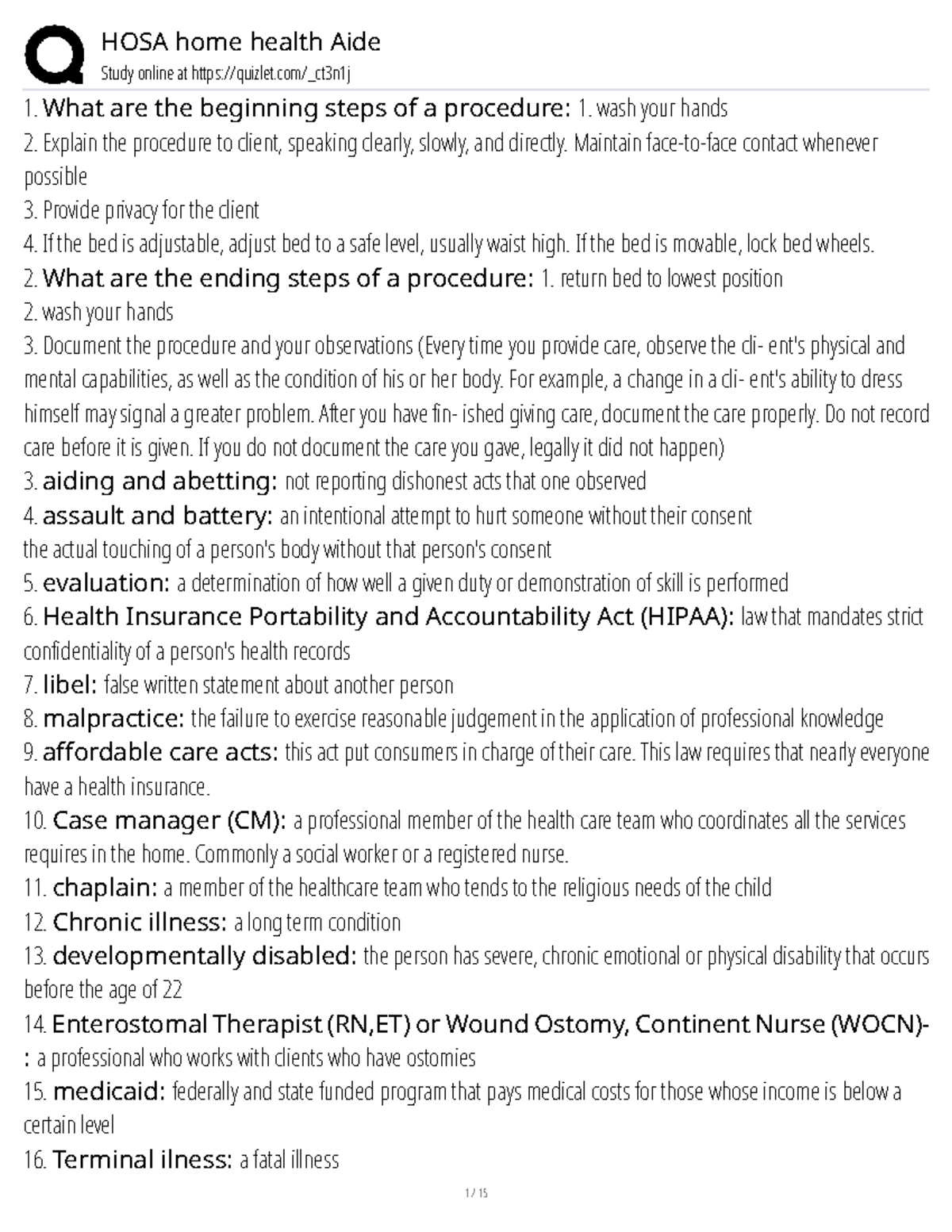 HOSA Home Health Aide Exam Review: Key Procedures and Concepts - Studocu
