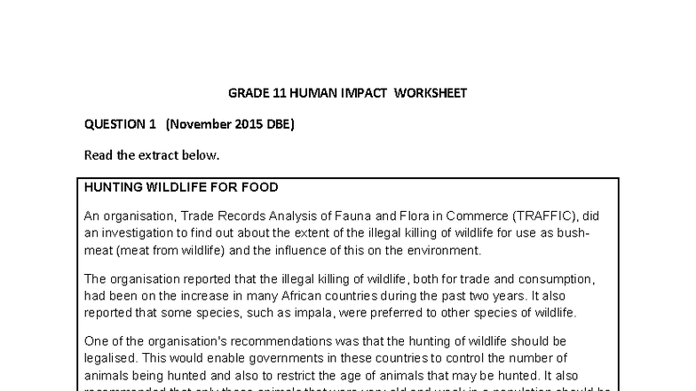 Grade 11 Human Impact Worksheet: Wildlife, Food Security & Water Crisis ...