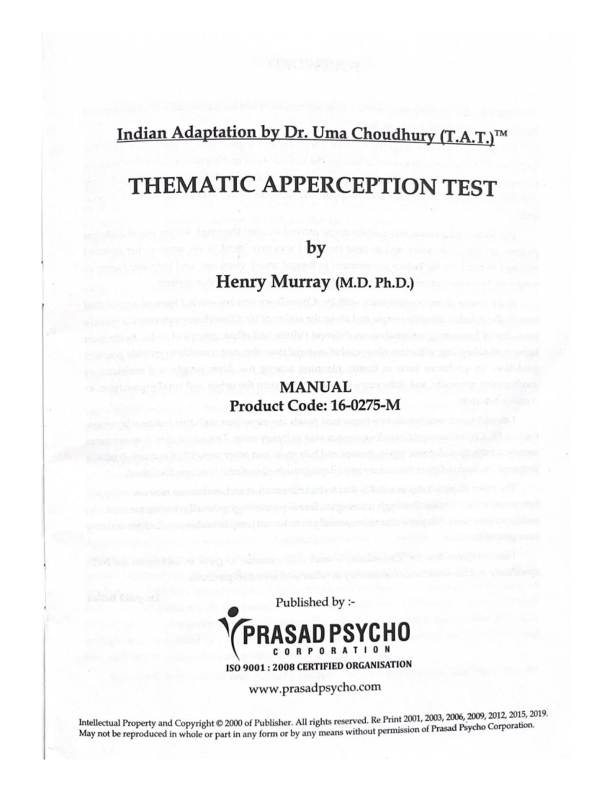 Indian Adaptation of Thematic Apperception Test (TAT) by Dr. Uma ...