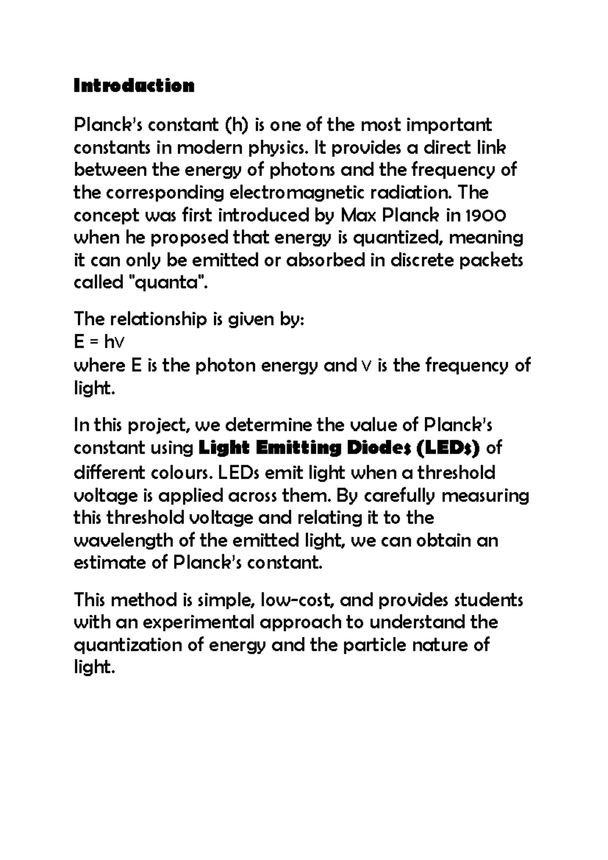 Project: Experimental Determination of Planck's Constant (h) Using LEDs ...