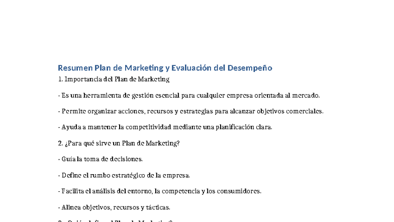Resumen del Plan de Marketing y Evaluación del Desempeño - Studocu