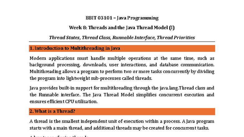 BBIT 03101 Java Programming Week 8: Multithreading Concepts and ...