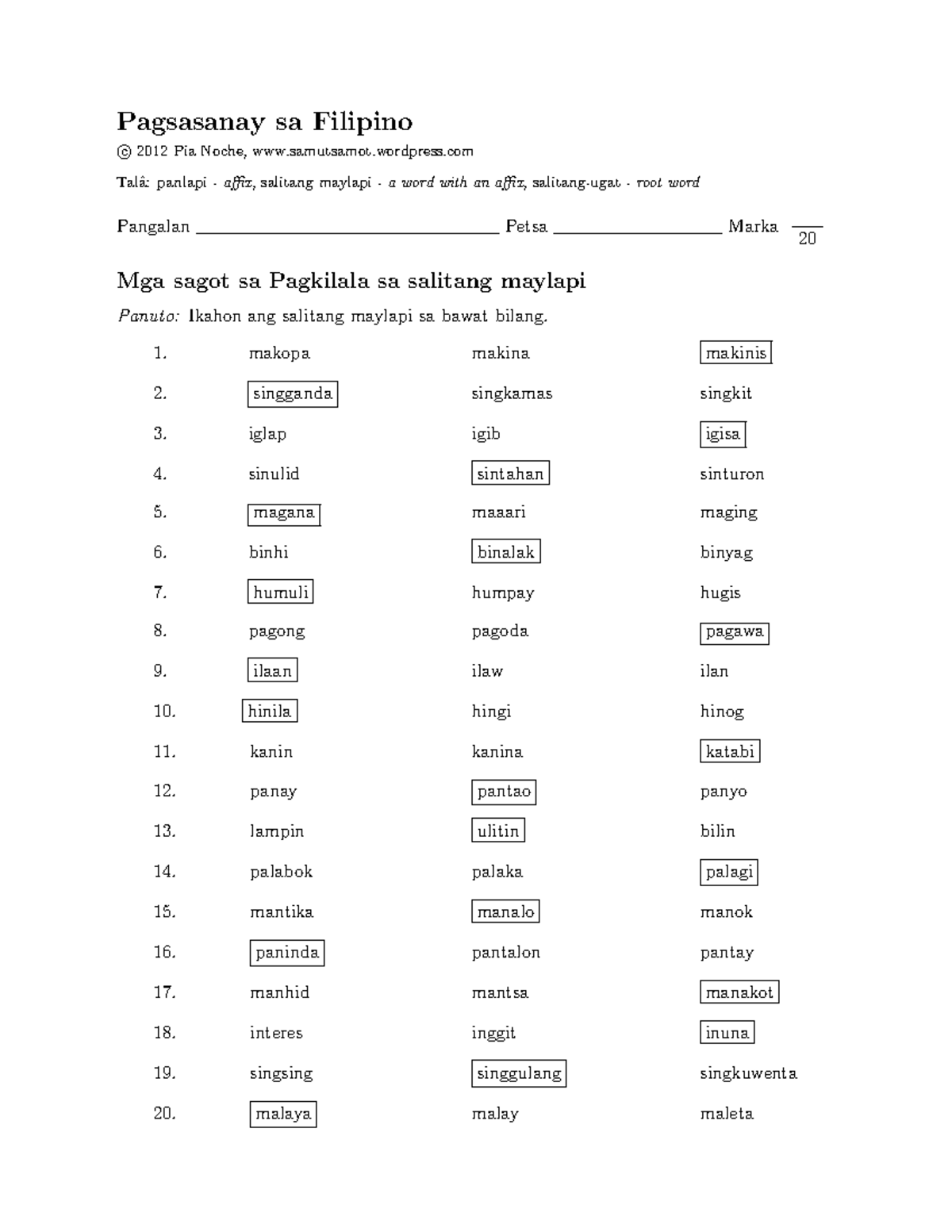 Mga-sagot-sa-salitang-maylapi 4-1 - Pagsasanay sa Filipino © c 2012 Pia ...
