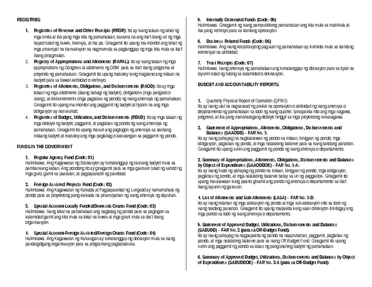 Government Accounting Handout: Key Registries and Fund Sources - Studocu