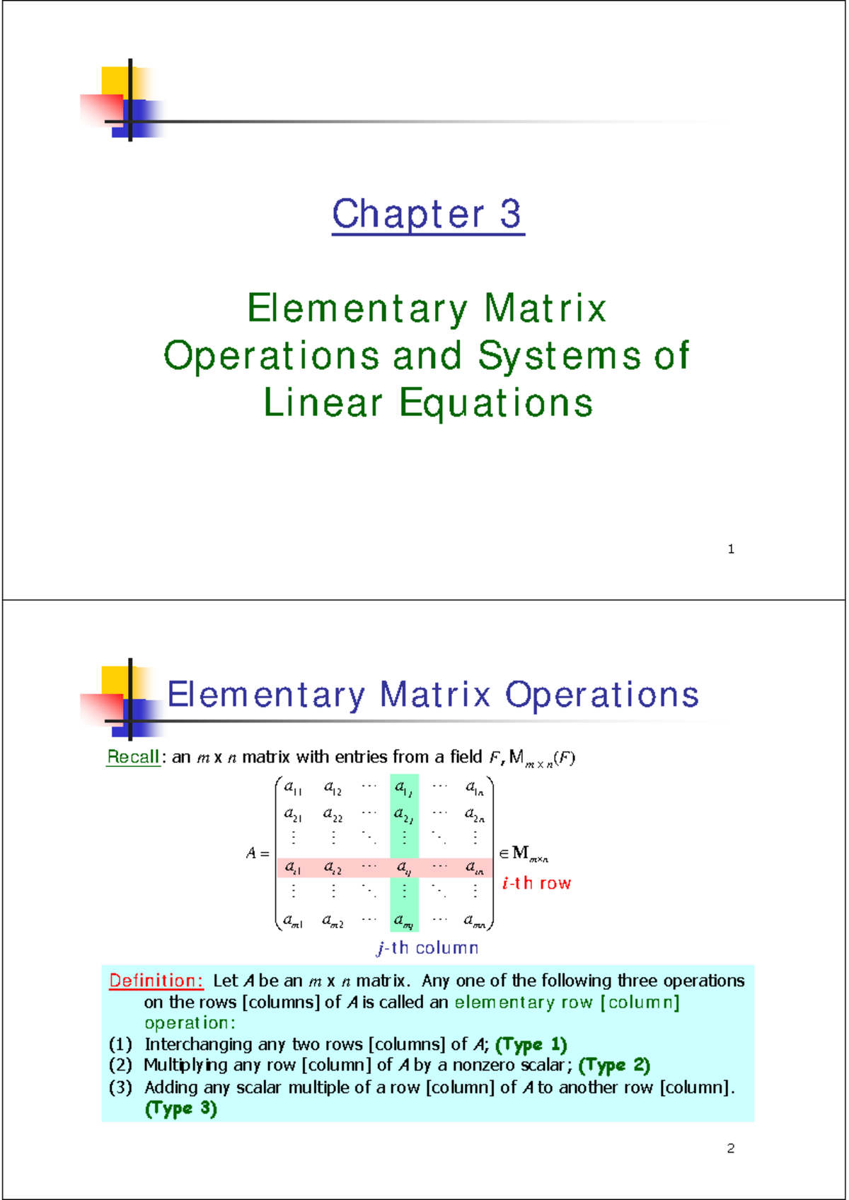 Chapter 3 - Elementary Matrix Operations & Linear Equations (MATH 101 ...