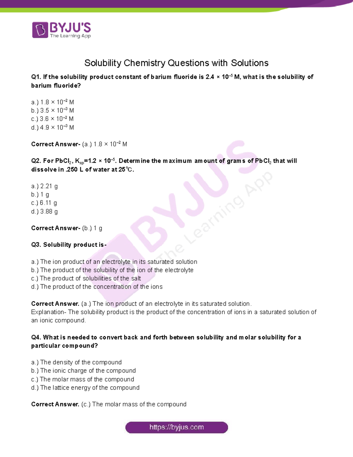 Solubility Chemistry Questions with Answers and Explanations - Studocu