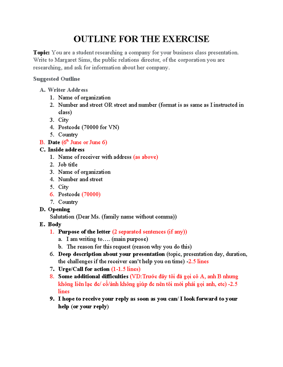 Outline FOR THE Exercise - OUTLINE FOR THE EXERCISE Topic: You are a ...