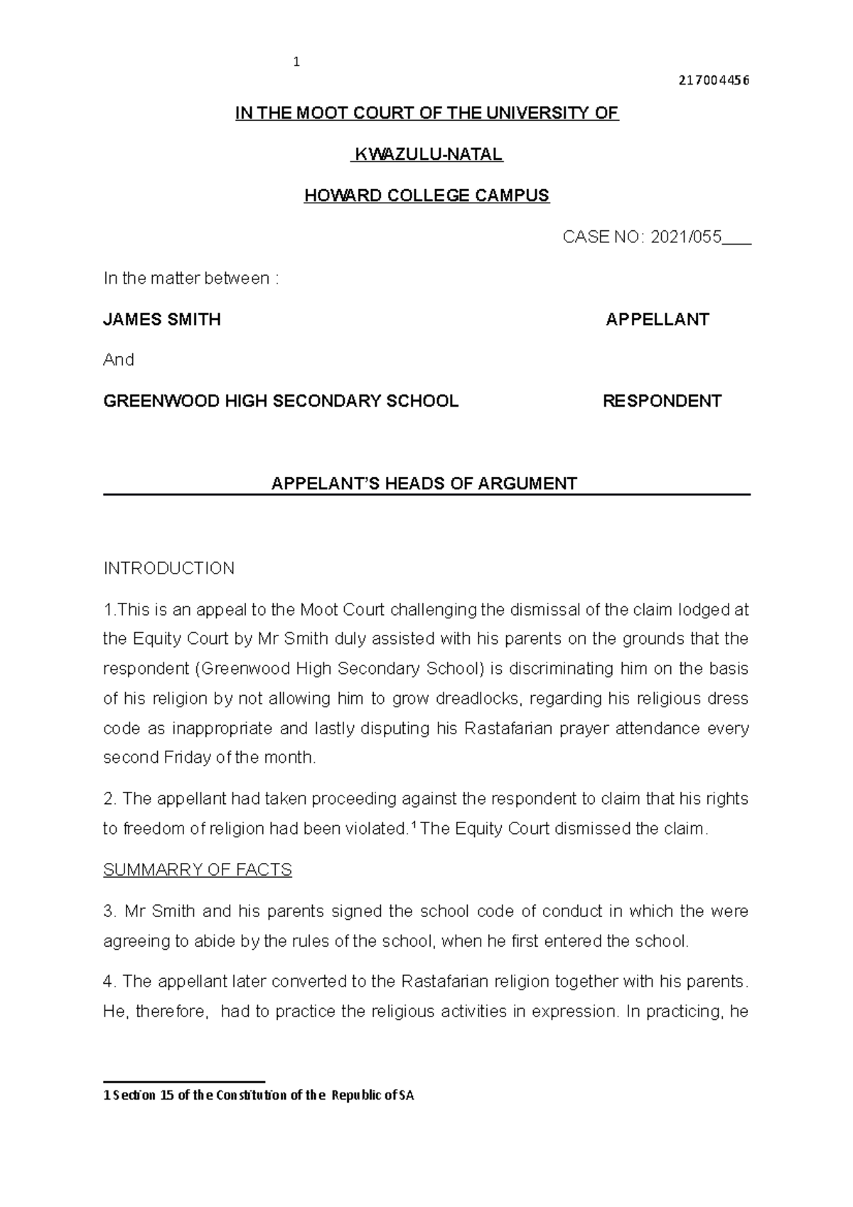 PT2 heads of argument - 217004456 IN THE MOOT COURT OF THE UNIVERSITY ...