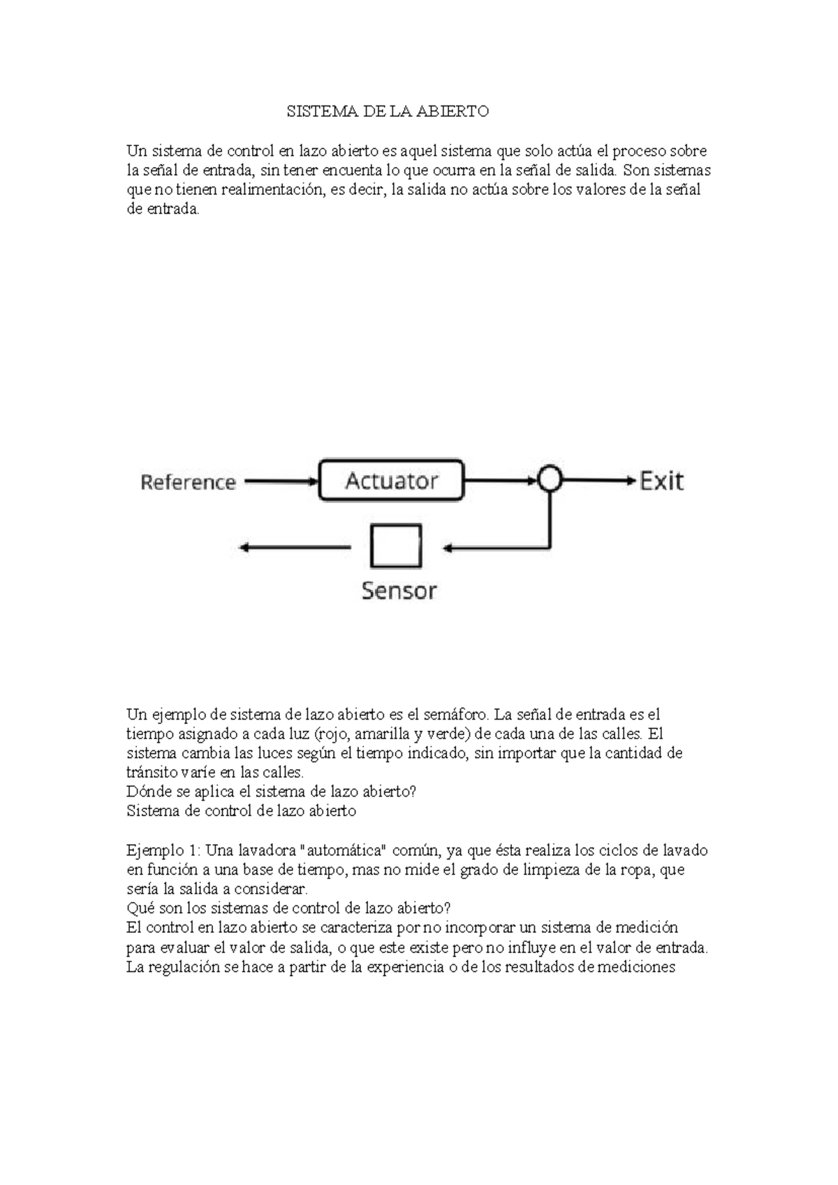 SISTEMA DE CONTROL EN LAZO ABIERTO: Definición y Ejemplos - Studocu