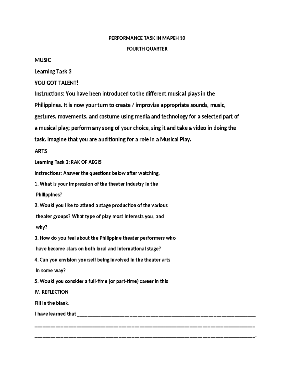 Performance Task in MAPEH 10 - 4th Quarter Music & Arts Activities ...