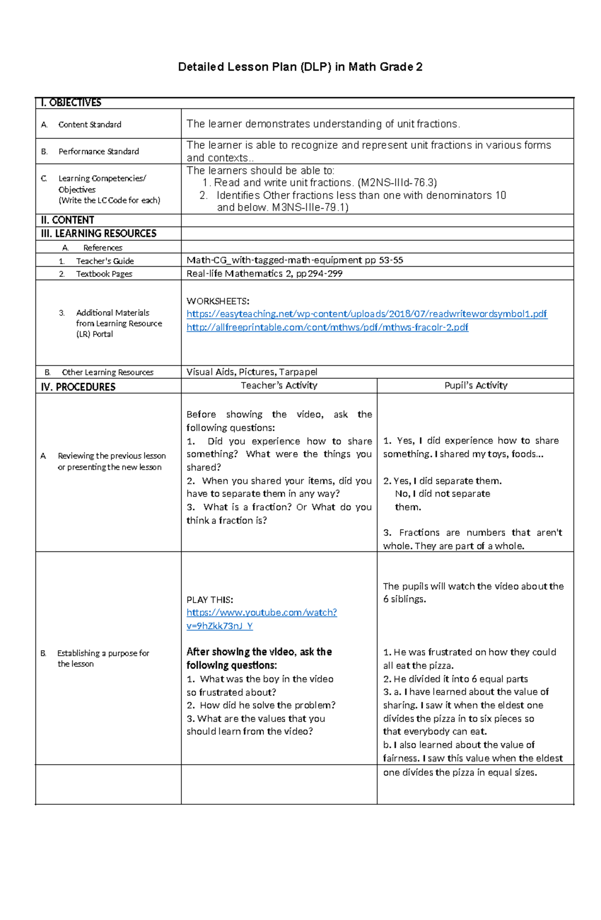 Detailed lesson plan dlp in math grade 2 ii content iii learning resources - Detailed Lesson ...