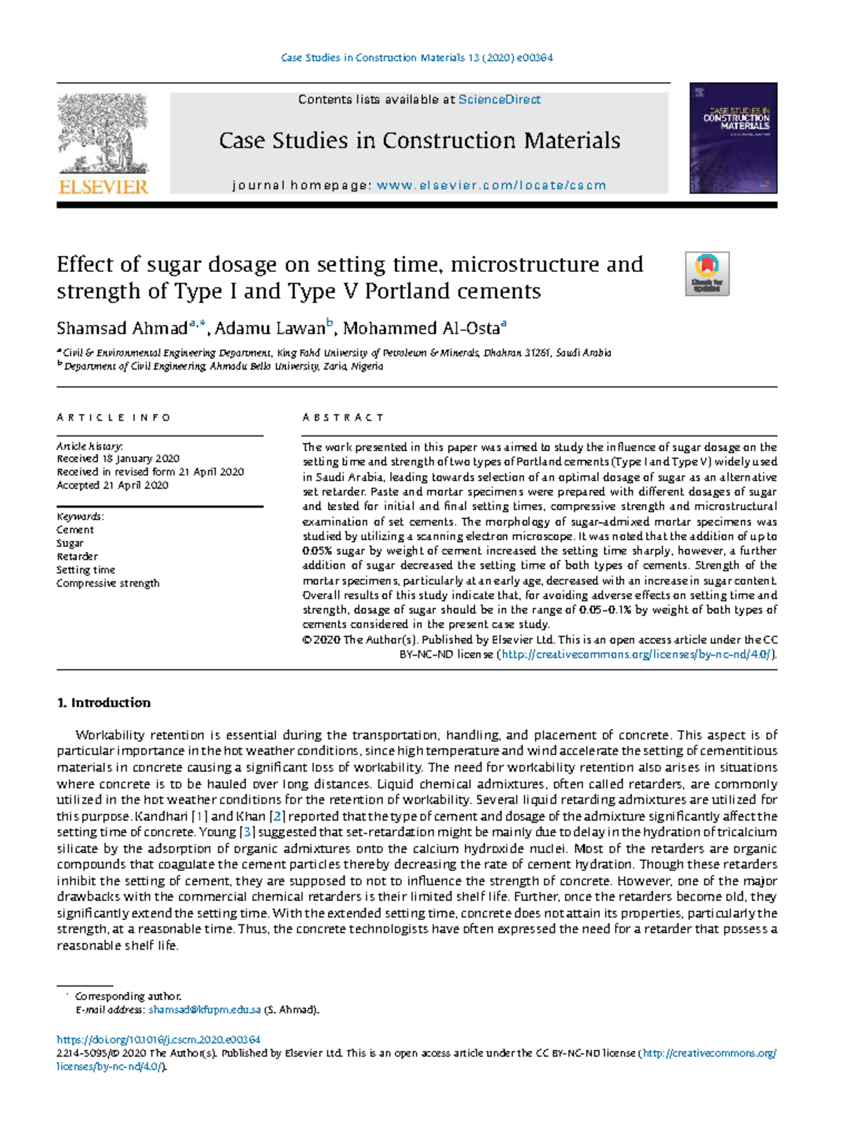 Effect of Sugar Dosage on Setting Time & Strength of Type I & V Cements ...