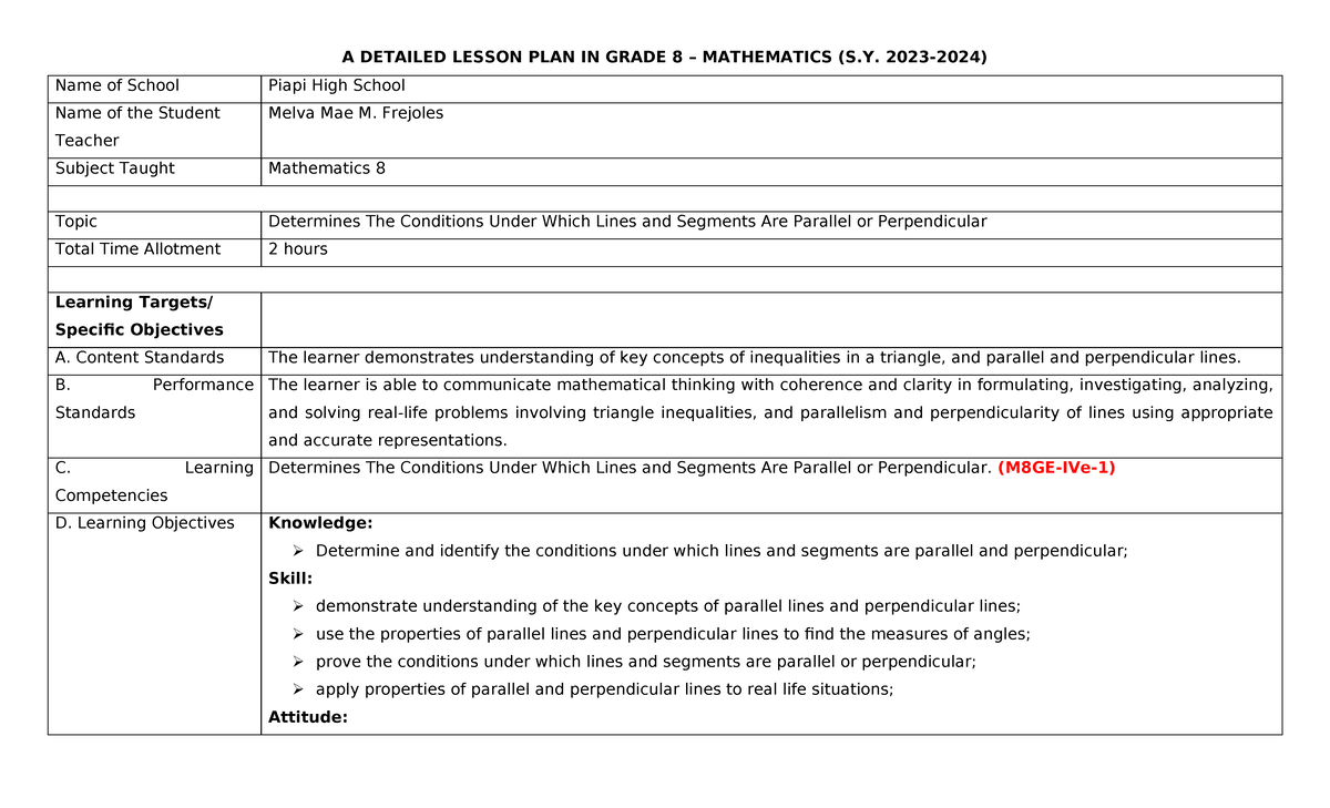 Piapi DLP5 - Detailed Lesson Plan on Parallel and Perpendicular Lines ...