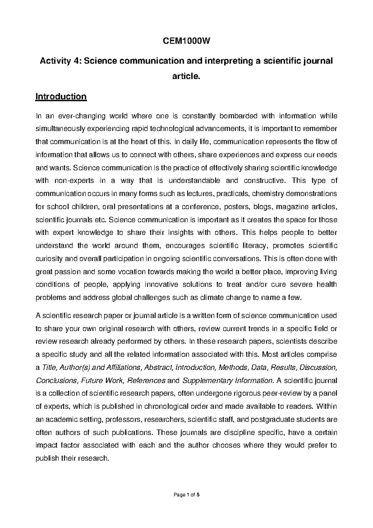 CEM1000W Activity 4: Science Communication & Journal Article Analysis ...