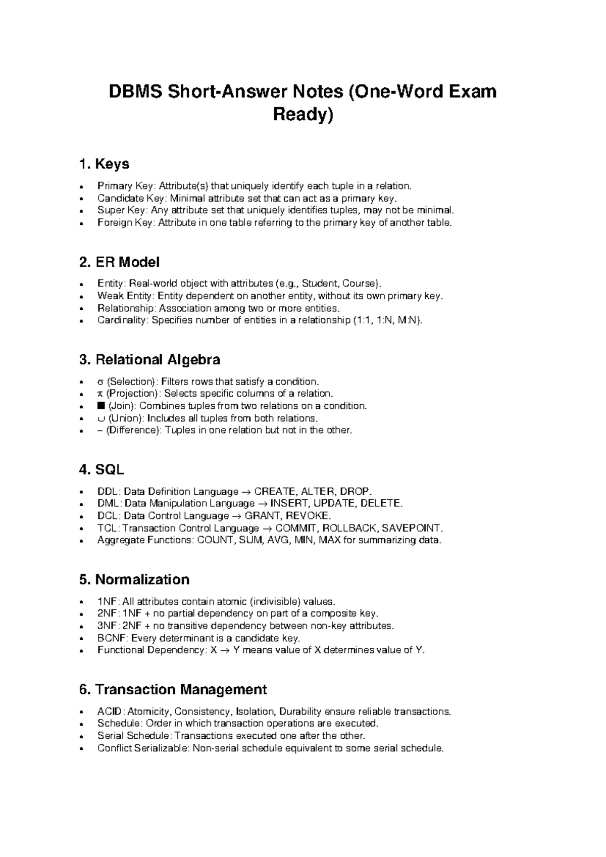 DBMS Short Answer Notes for Exam Preparation - Studocu