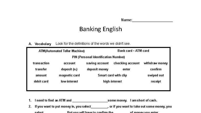 Banking English - ffff - Name:____________________ Banking English A ...