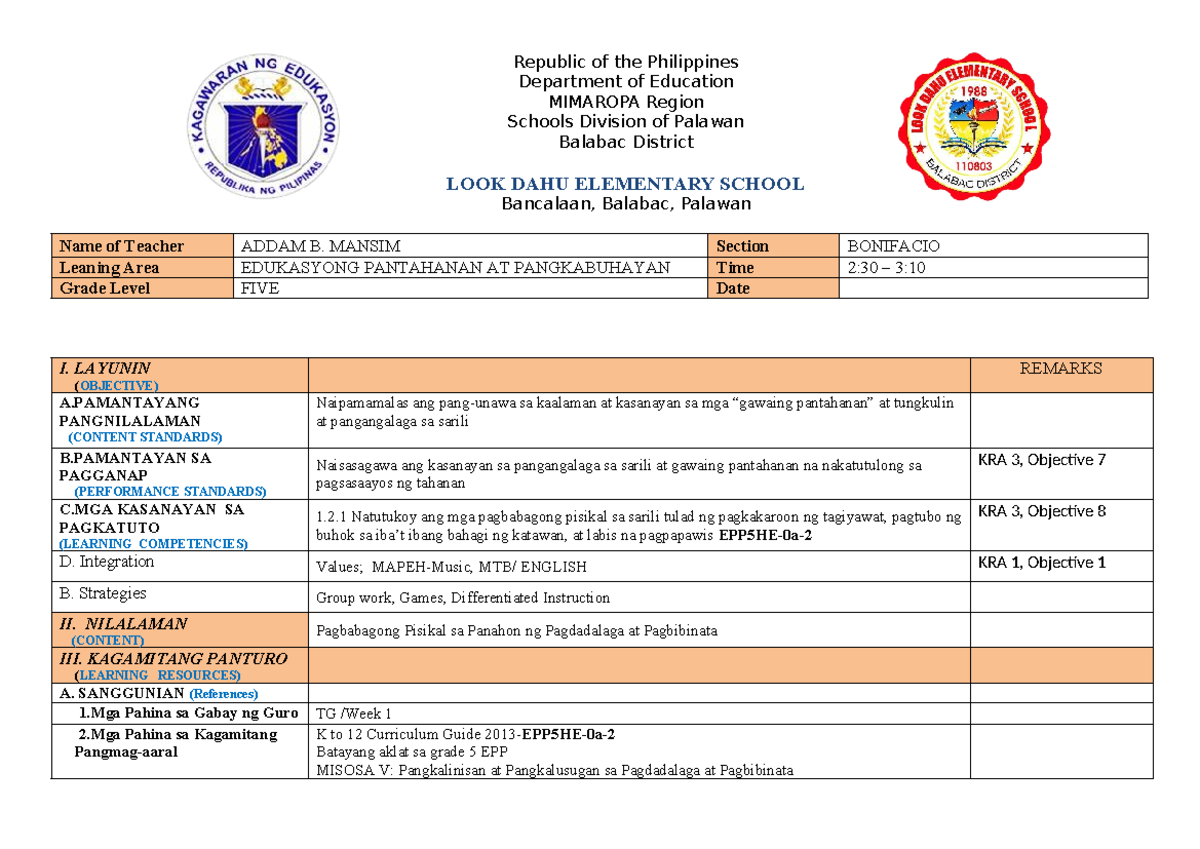 EPP 5 Lesson Plan: Pagbabago ng Pisikal sa Pagdadalaga at Pagbibinata ...