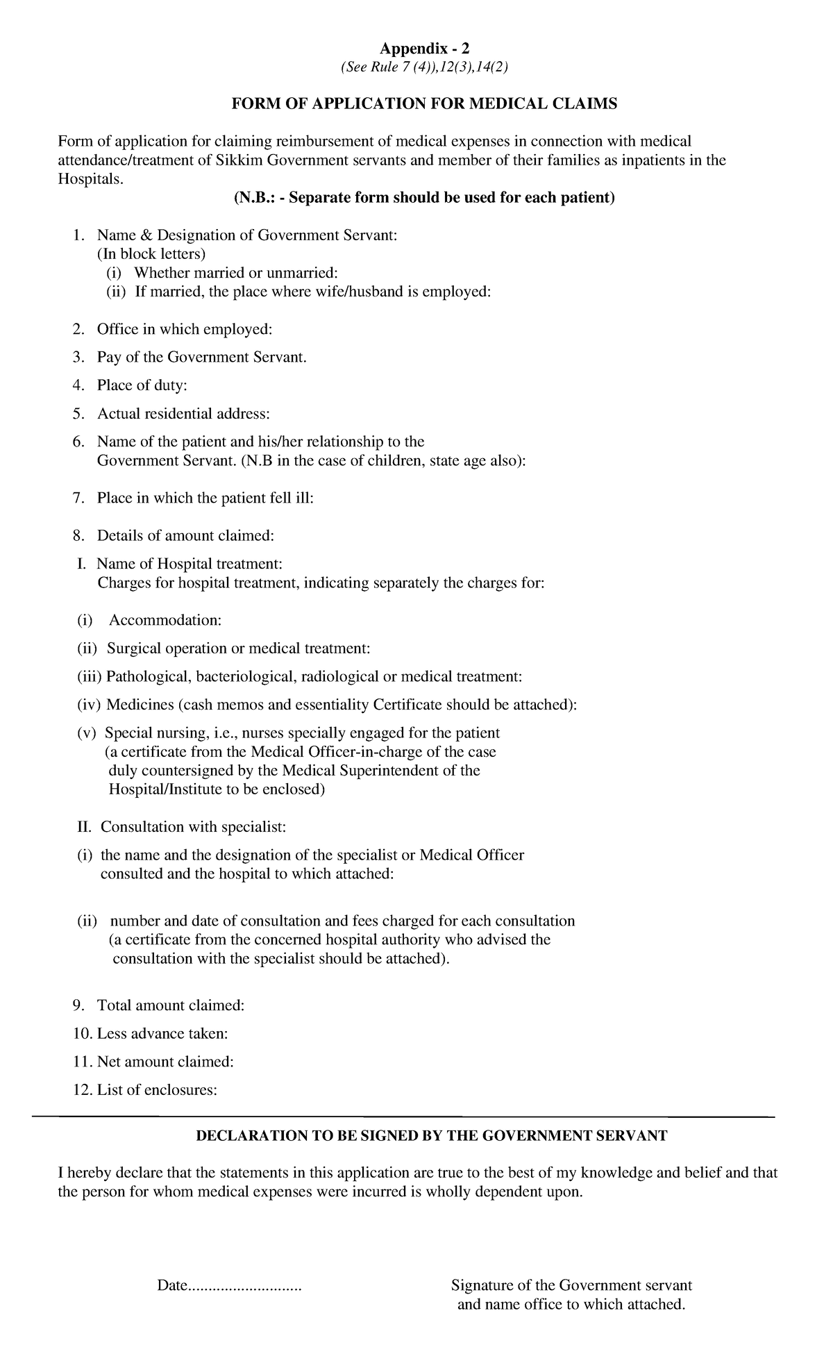 Sikkim Medical Claim Application Form for Inpatients (Appendix 2) - Studocu
