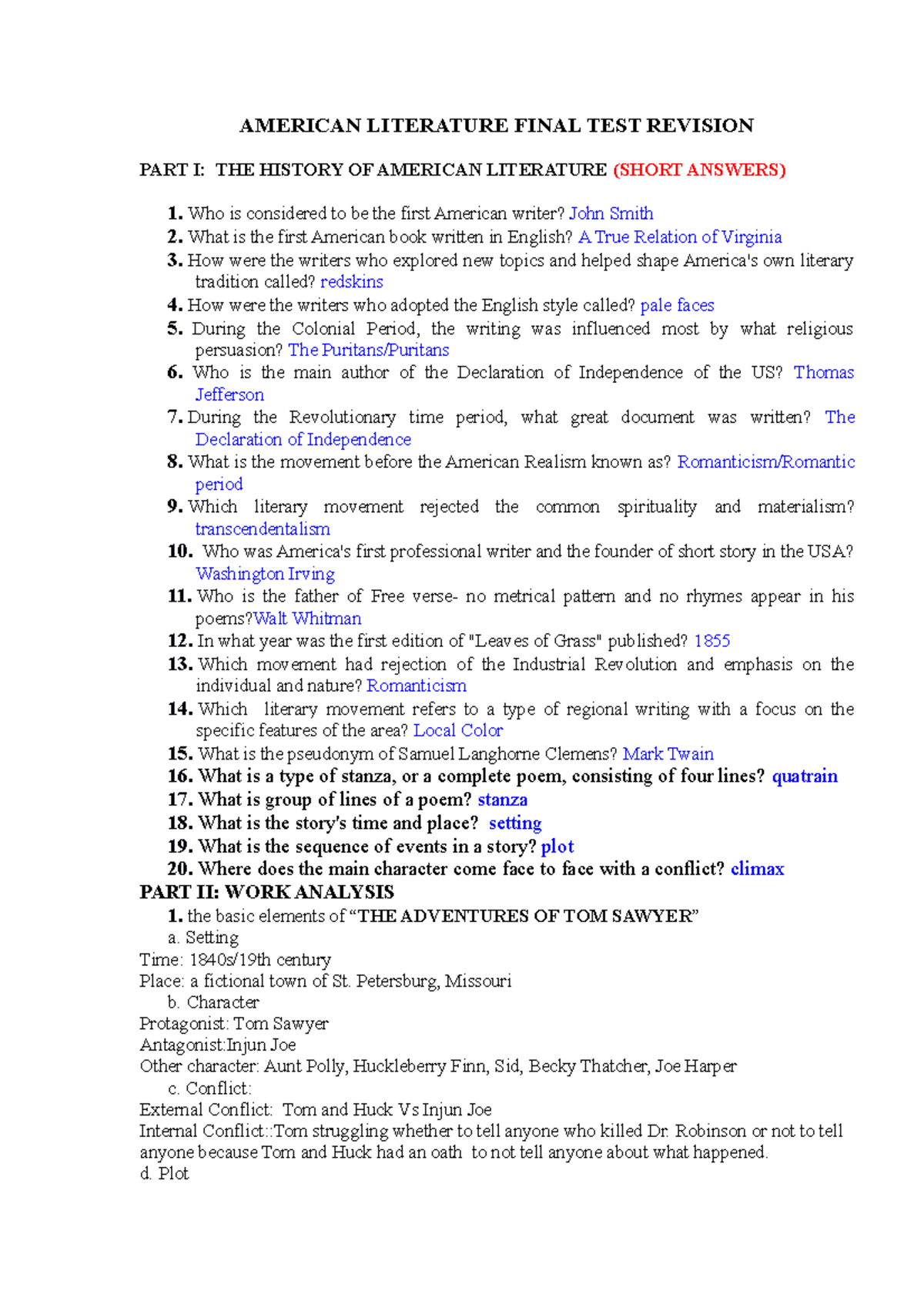 American Literature 2022-2023: Final Test Revision Guide - Studocu
