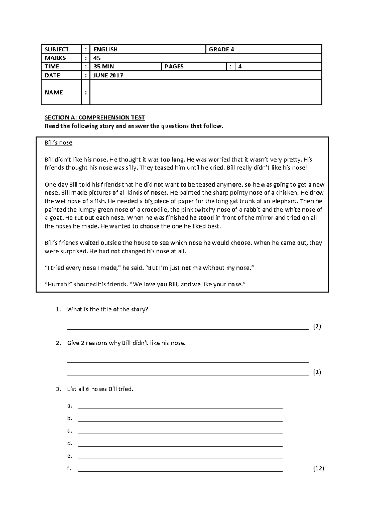 Grade 4 English Comprehension Test: Homelanguage - June 2017 - Studocu