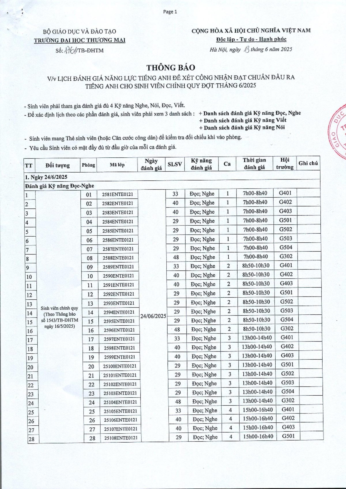 Lịch Đánh Giá Năng Lực Tiếng Anh NLTA - Tháng 6 2025 ENTE0121 - Studocu