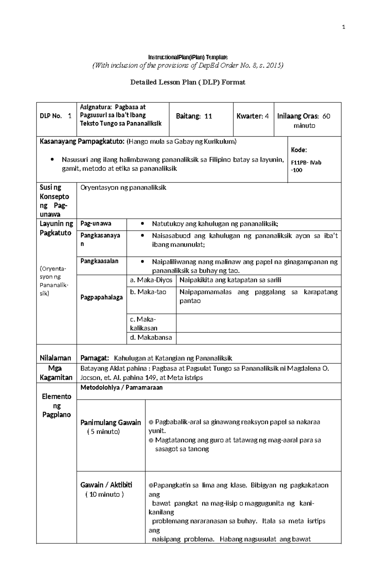 DLP NO 1 - English 10 - 1 InstructionalPlan(iPlan) Template (With ...