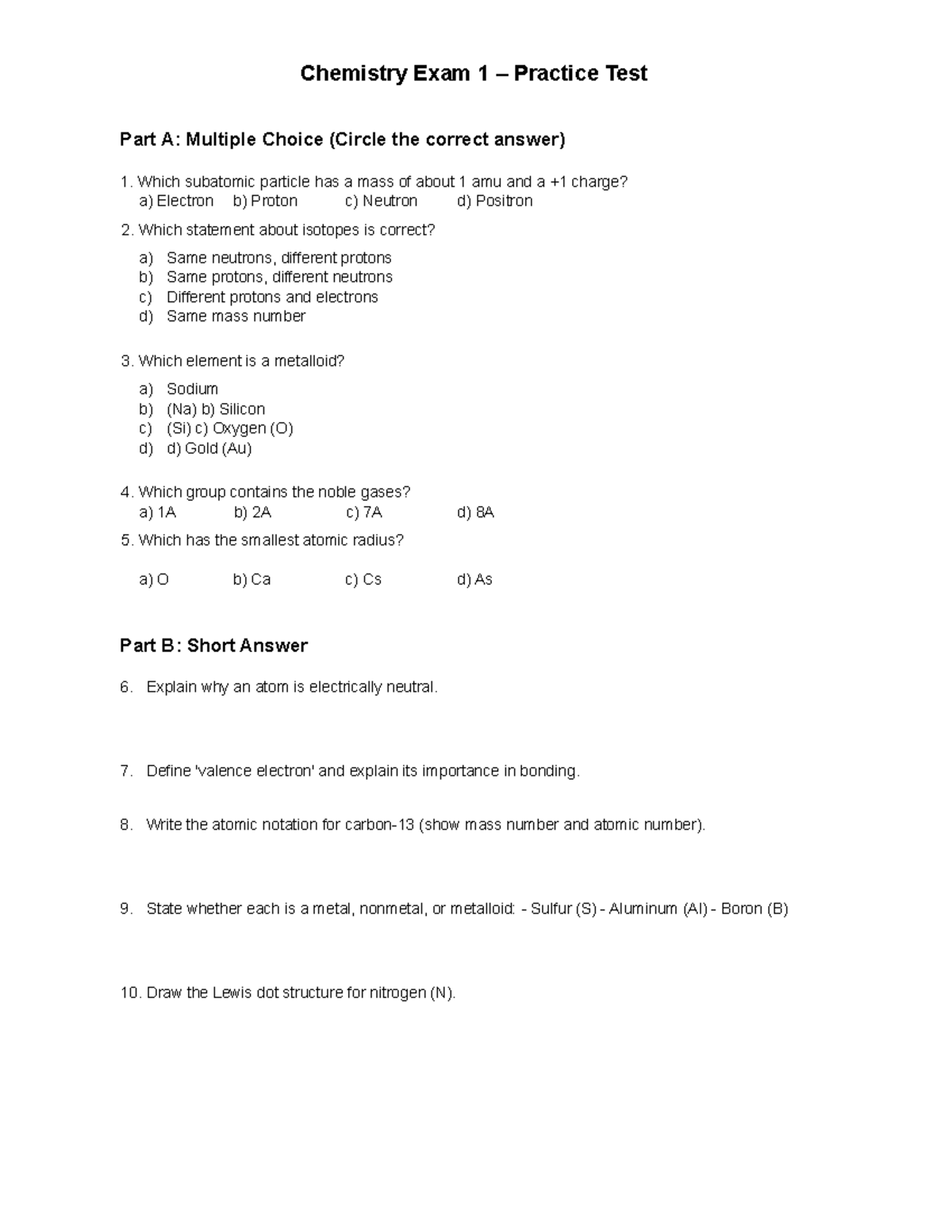 CHEM 1451 Exam 1 Practice Test: MCQs & Short Answers - Studocu