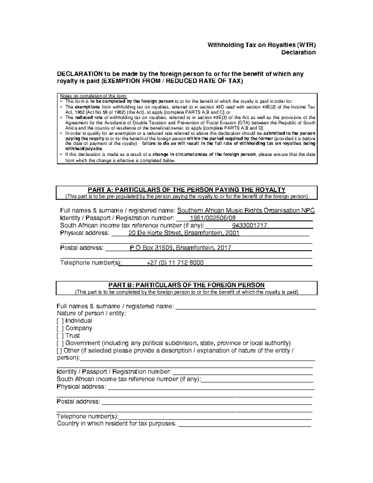WTR Declaration Form for Exemption from Withholding Tax on Royalties ...