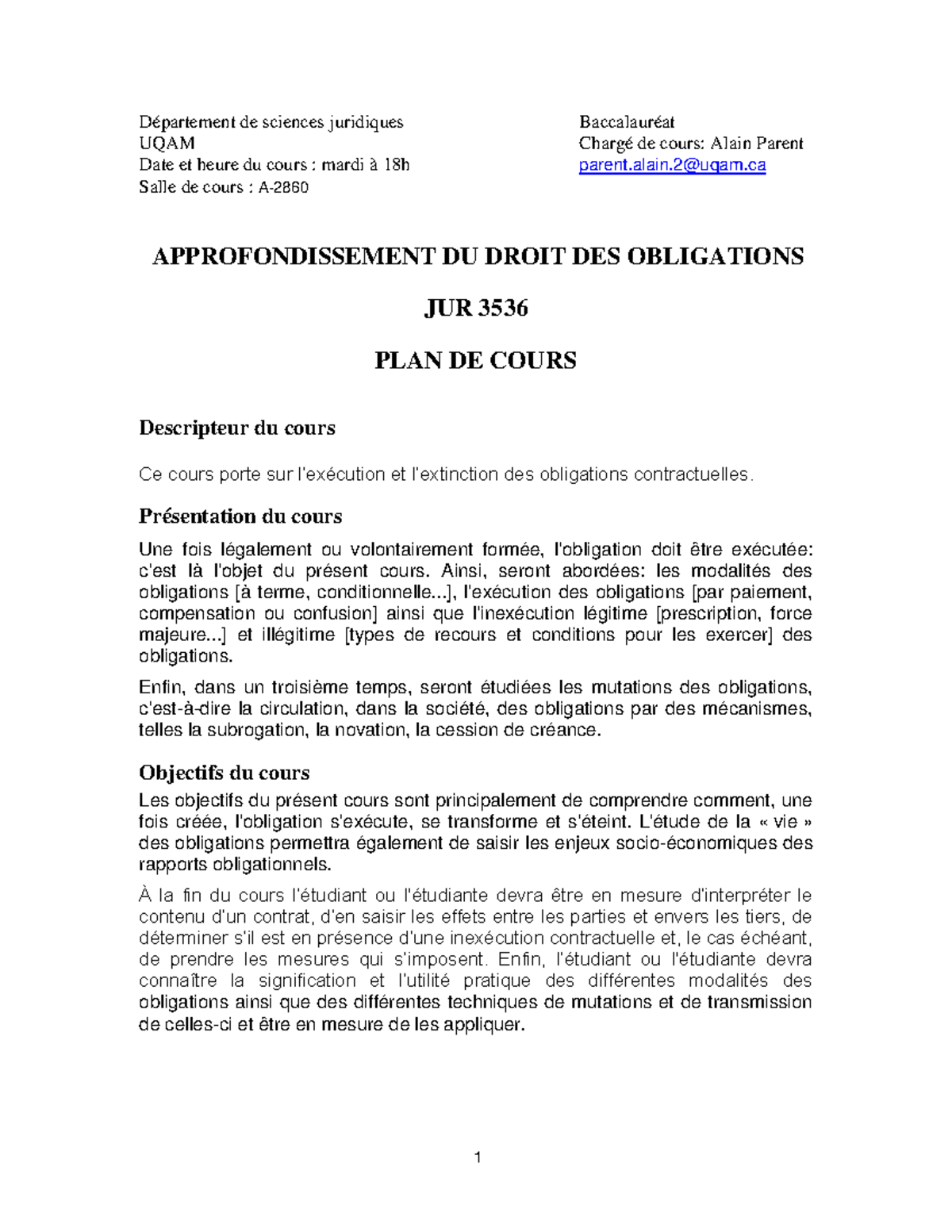JUR 3536 Plan de Cours - Approfondissement du Droit des Obligations ...