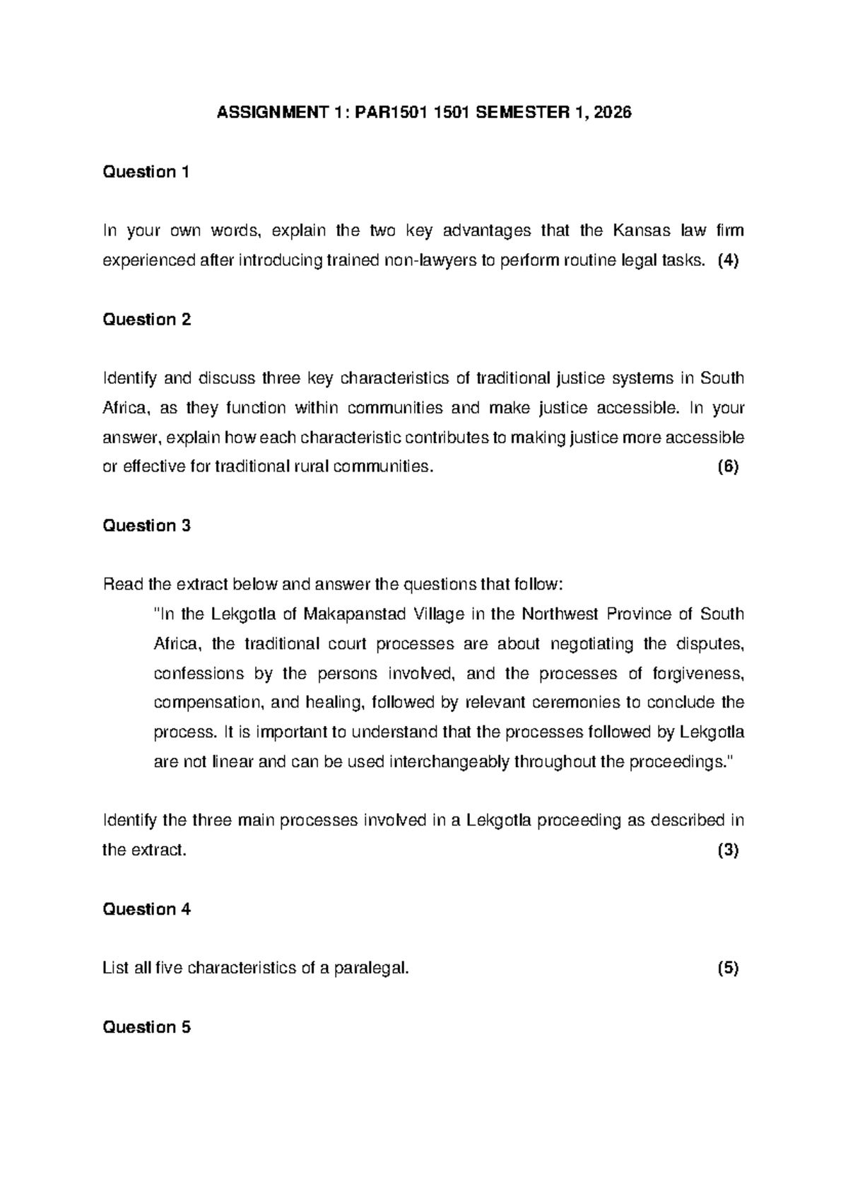 PAR1501 Assignment 1: Legal Tasks & Traditional Justice Systems - Studocu