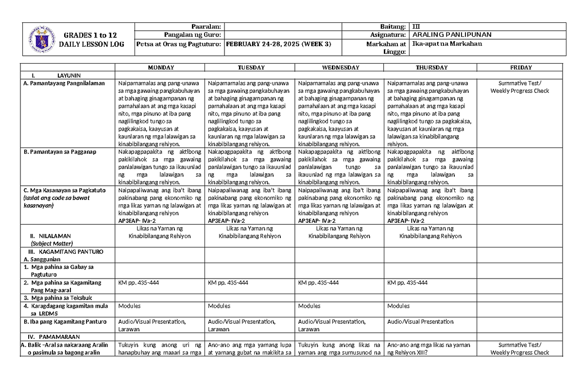 DLL Araling Panlipunan 3 Q4 W3 v2 - GRADES 1 to 12 DAILY LESSON LOG Paaralan: Baitang: III ...