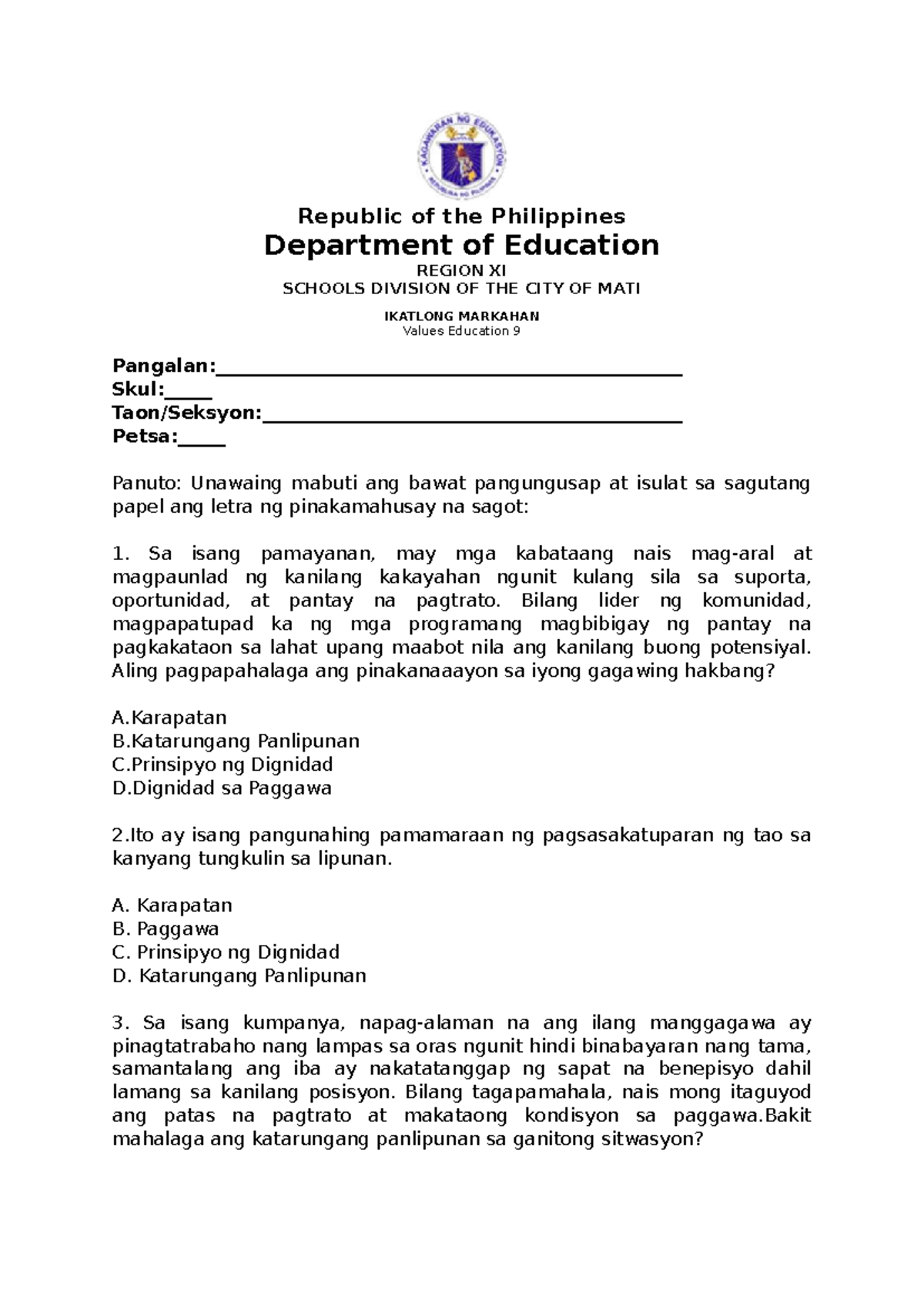 3rd Quarter Values Education 9 Exam Review and Answer Key - Studocu