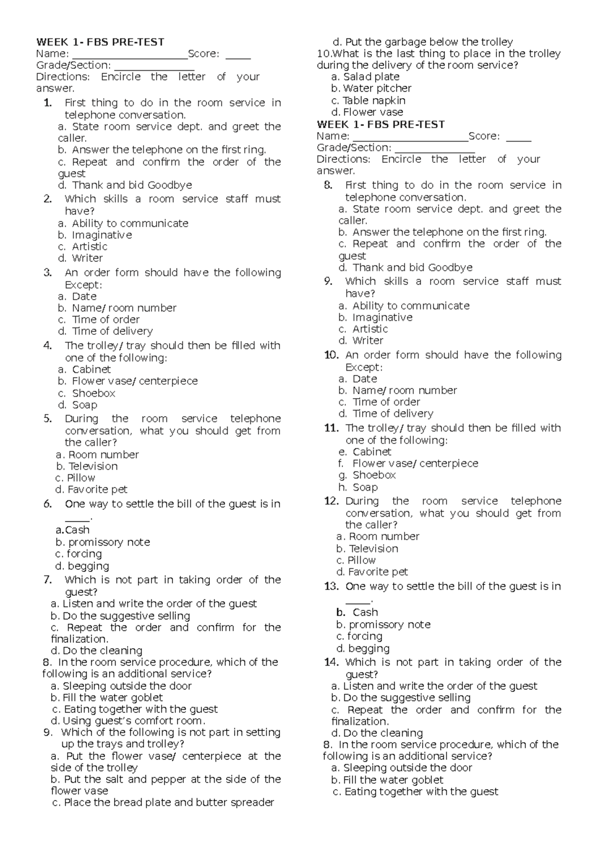 4th Quarter FBS Week 1 Pre-Test Activity Sheet - Studocu