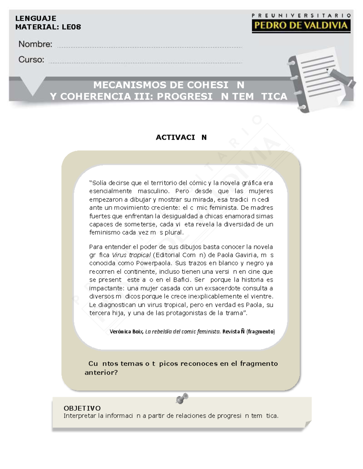 LE08 Mecanismos de Cohesión y Coherencia: Progresión Temática en Textos ...