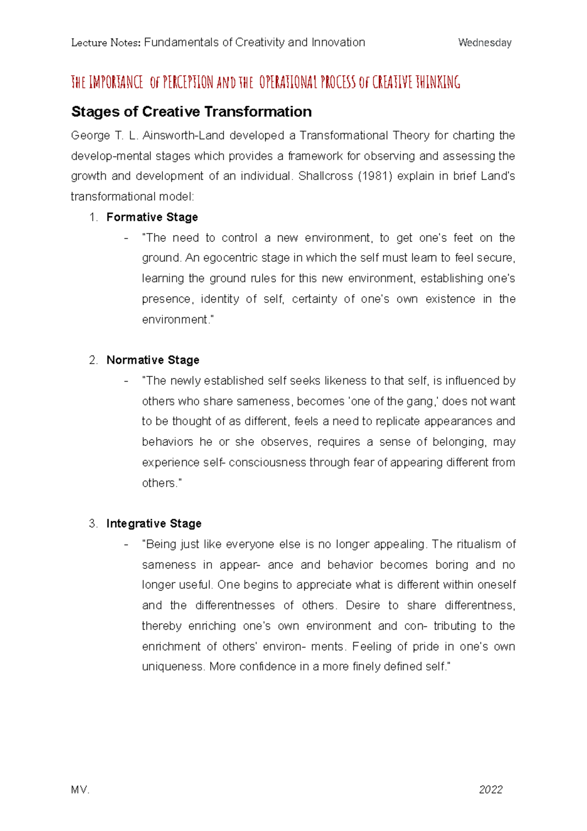 Fundamentals Of Creativity And Innovation Week6 Lecture Notes