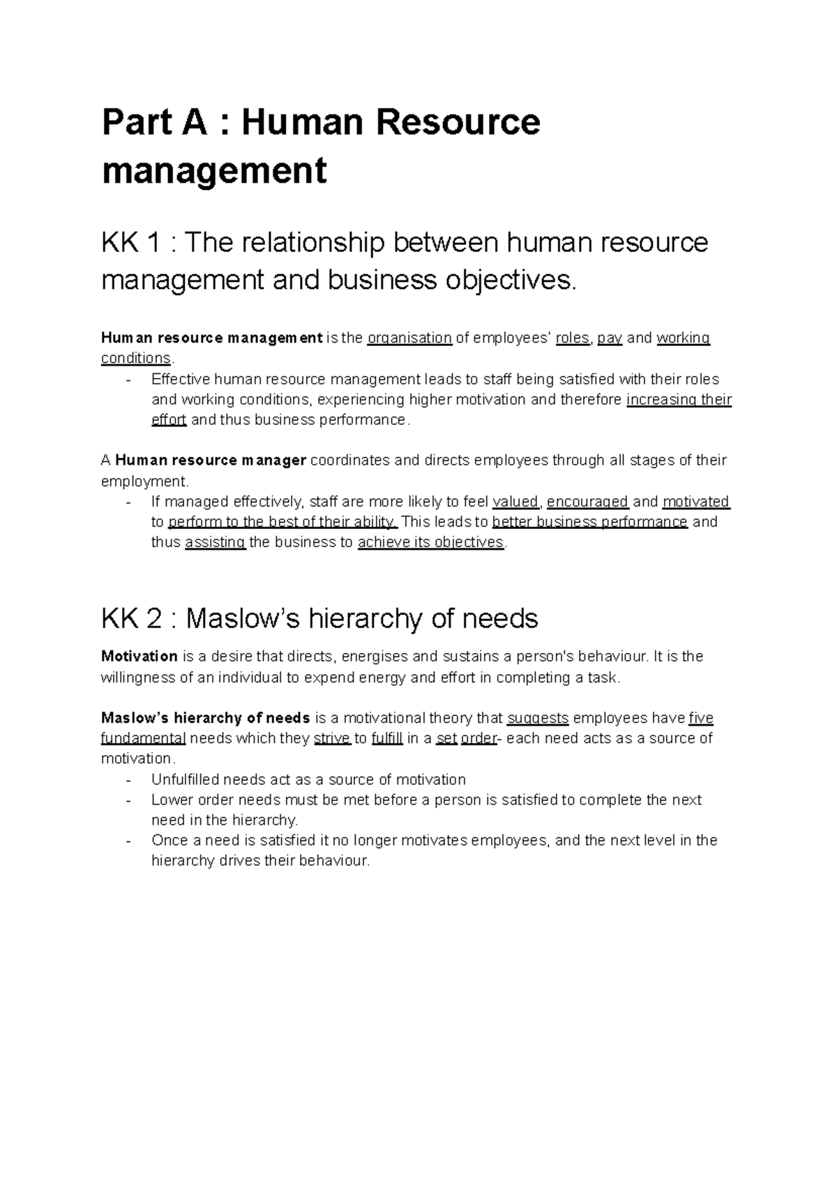 Business Unit 3 AOS 2A: HR Management & Motivation Theories - Studocu