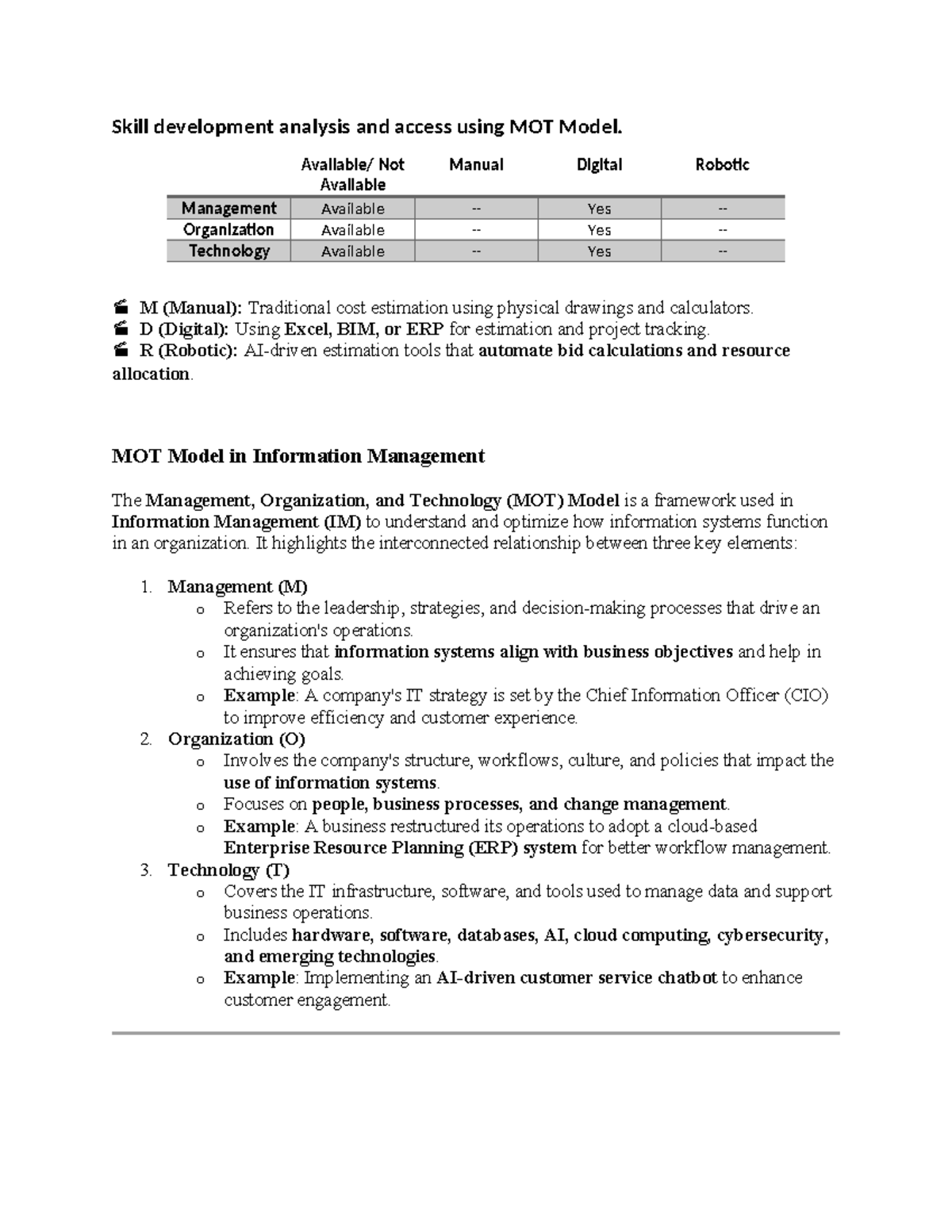MOT Model Application in Construction Estimation (Assignment 01) - Studocu